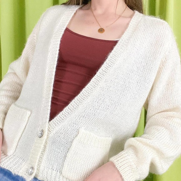 Diversity Sport | Sweaters | 9s Vintage Off White Deep V Neck Mohair Blend Knit Cardigan | Poshmark